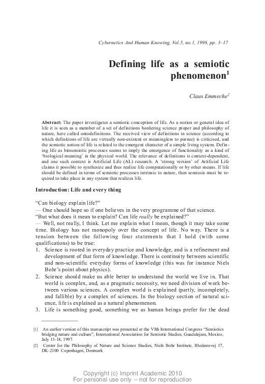 (PDF) Defining life as a semiotic phenomenon