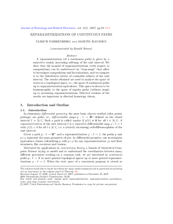 (PDF) Reparametrizations of continuous paths | M. Raussen - Academia.edu