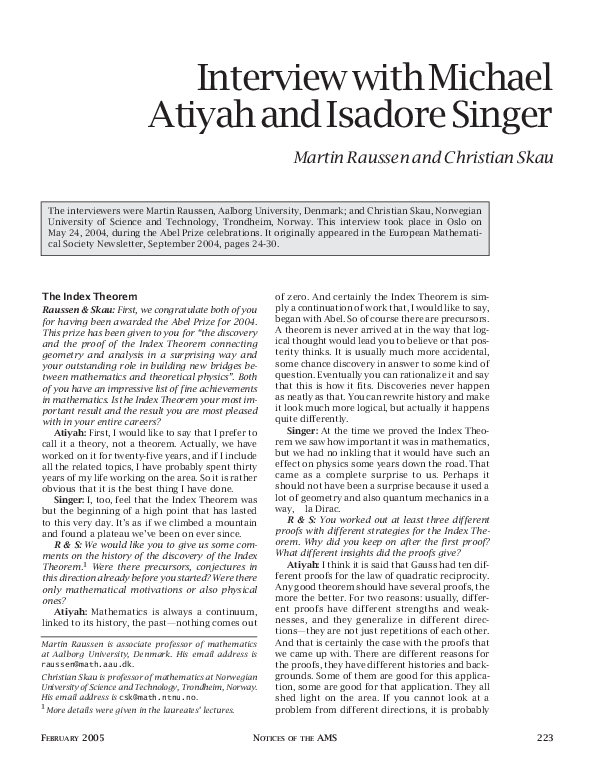(PDF) Interview with Michael Atiyah and Isadore Singer