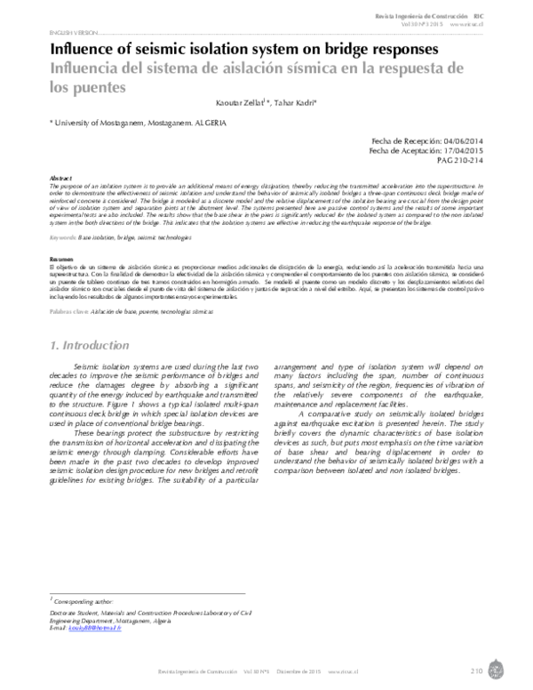 (PDF) Influence of seismic isolation system on bridge responses