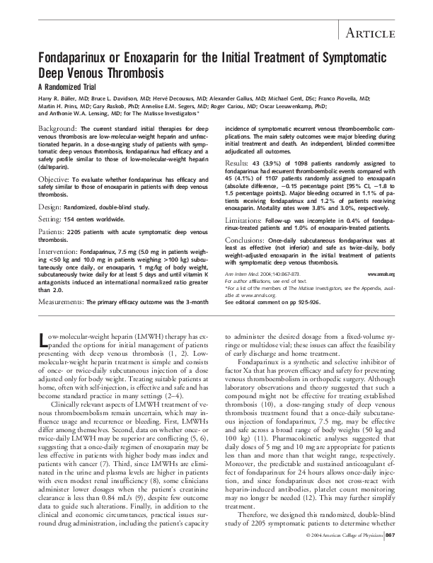 (PDF) Fondaparinux or Enoxaparin for the Initial Treatment of ...