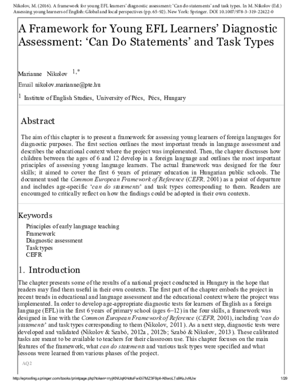 (PDF) A Framework for Young EFL Learners' Diagnostic Assessment: 'Can ...