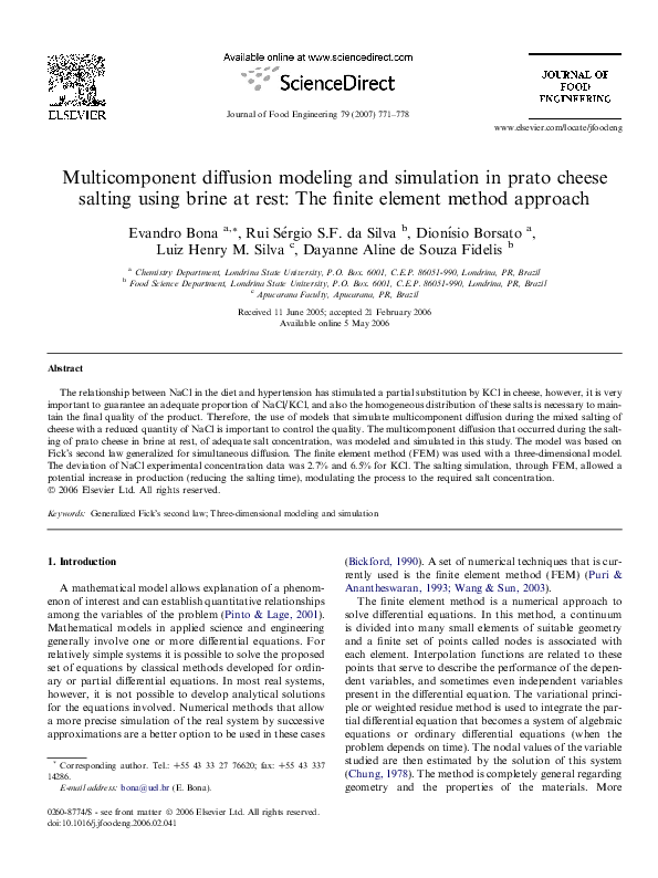 (PDF) Multicomponent diffusion modeling and simulation in prato cheese salting using brine at ...