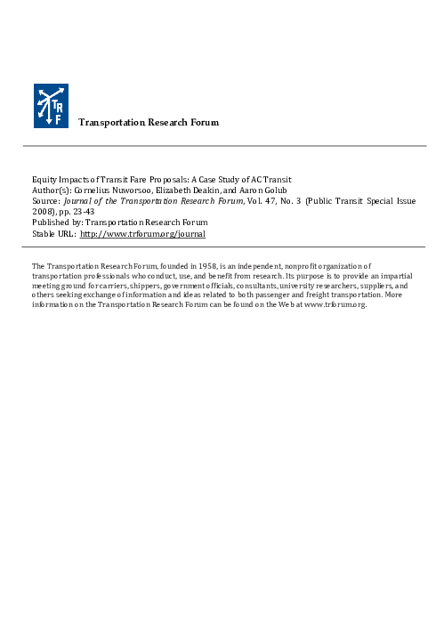 (PDF) Equity Impacts of Transit Fare Proposals: A Case Study of AC Transit