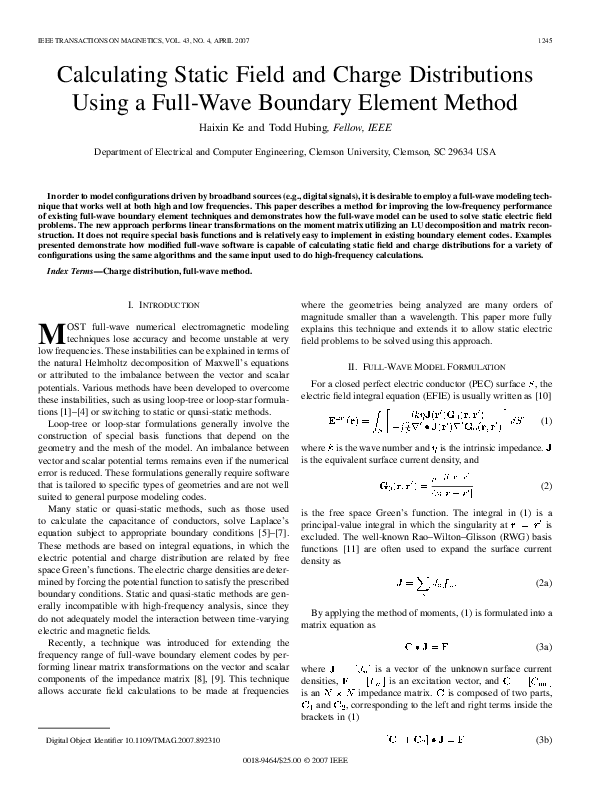 (PDF) Calculating Static Field and Charge Distributions Using a Full-Wave Boundary Element Method