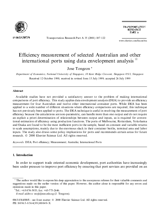 (PDF) Efficiency measurement of selected Australian and other international ports using data ...