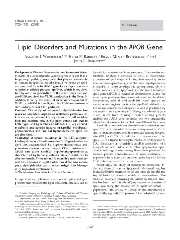 (PDF) Lipid Disorders and Mutations in the APOB Gene