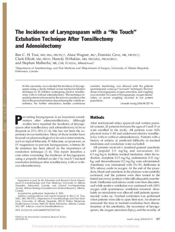 (PDF) The Incidence of Laryngospasm with a ???No Touch??? Extubation ...