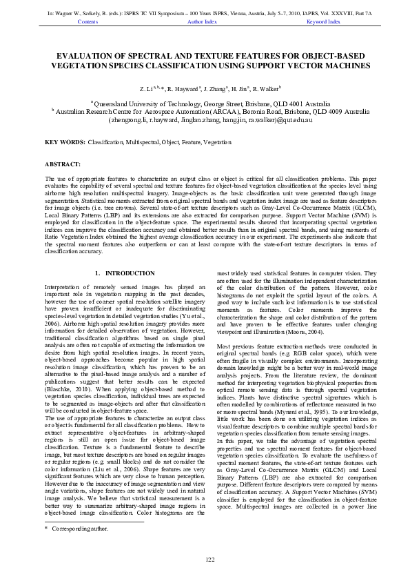 (PDF) Evaluation of spectral and texture features for object-based vegetation species ...
