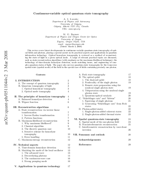 Pdf Continuous Variable Optical Quantum State Tomography