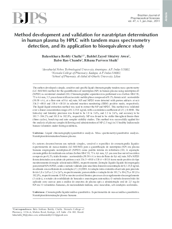 Pdf Method Development And Validation For Naratriptan Determination In Human Plasma By Hplc