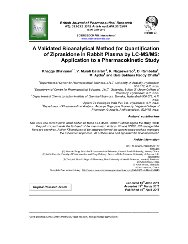 (PDF) A Validated Bioanalytical Method for Quantification of Ziprasidone in Rabbit Plasma by LC ...