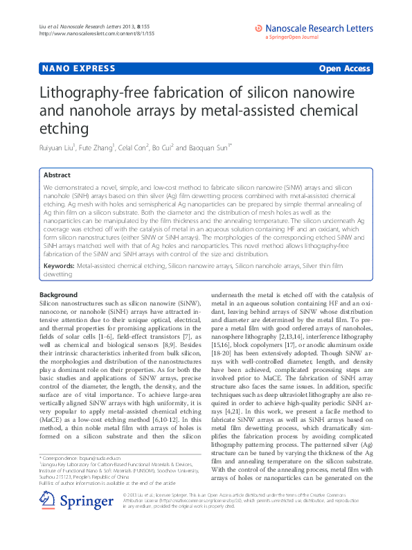 Pdf Controllable Patterning Of Hybrid Silicon Nanowire And Nanohole Arrays By Laser