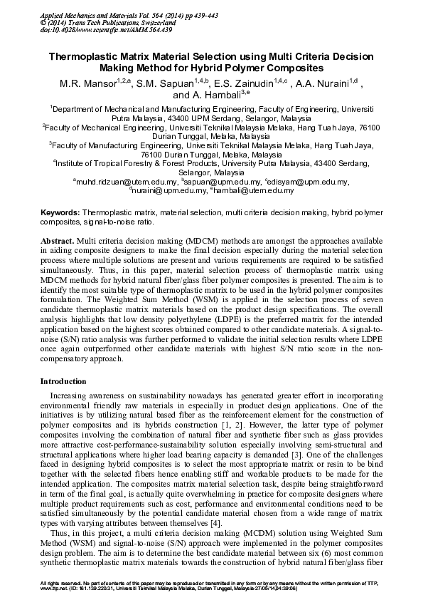 Pdf Thermoplastic Matrix Material Selection Using Multi Criteria Decision Making Method For