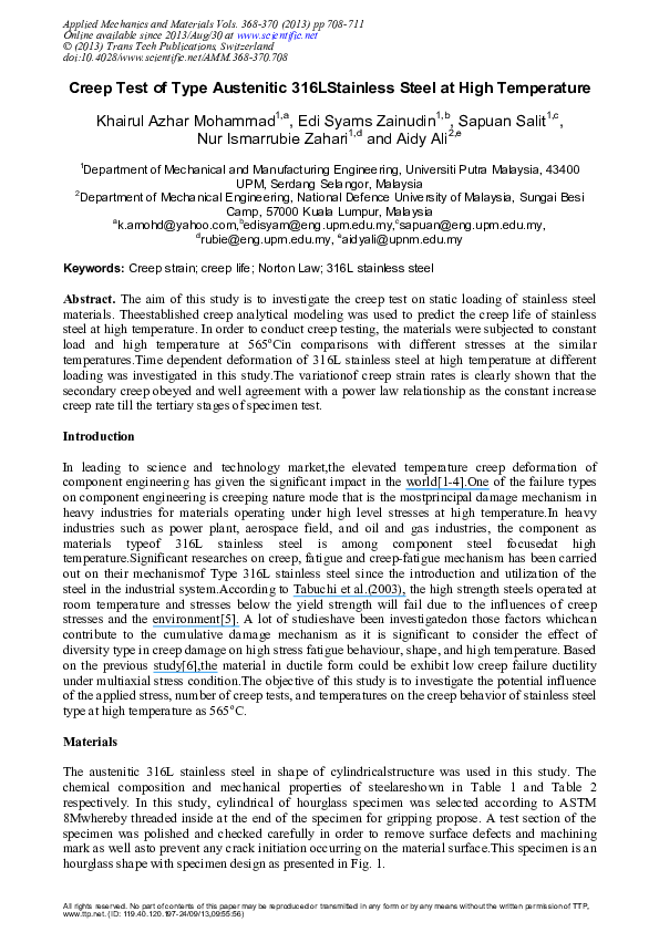 (PDF) Creep Test of Type Austenitic 316LStainless Steel at High Temperature