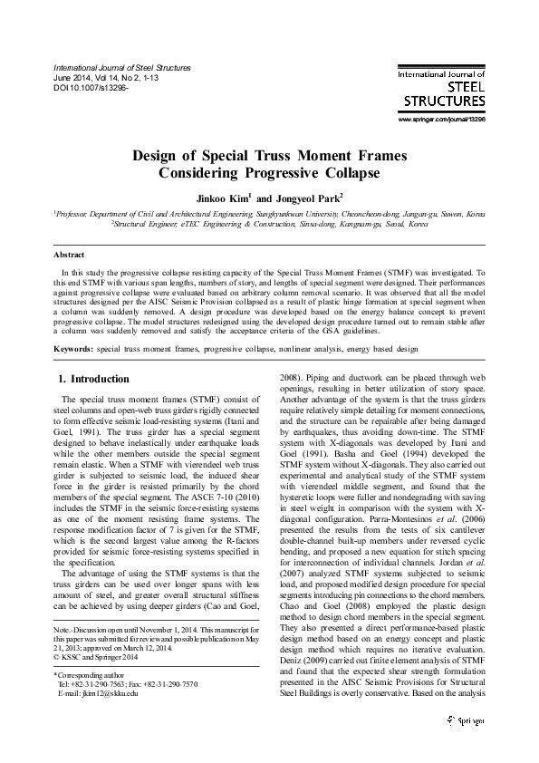 (PDF) Design of Special Truss Moment Frames Considering Progressive ...