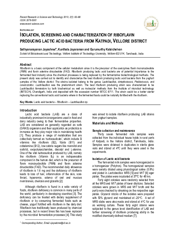 (PDF) Isolation, screening and characterization of riboflavin producing lactic acid bacteria ...