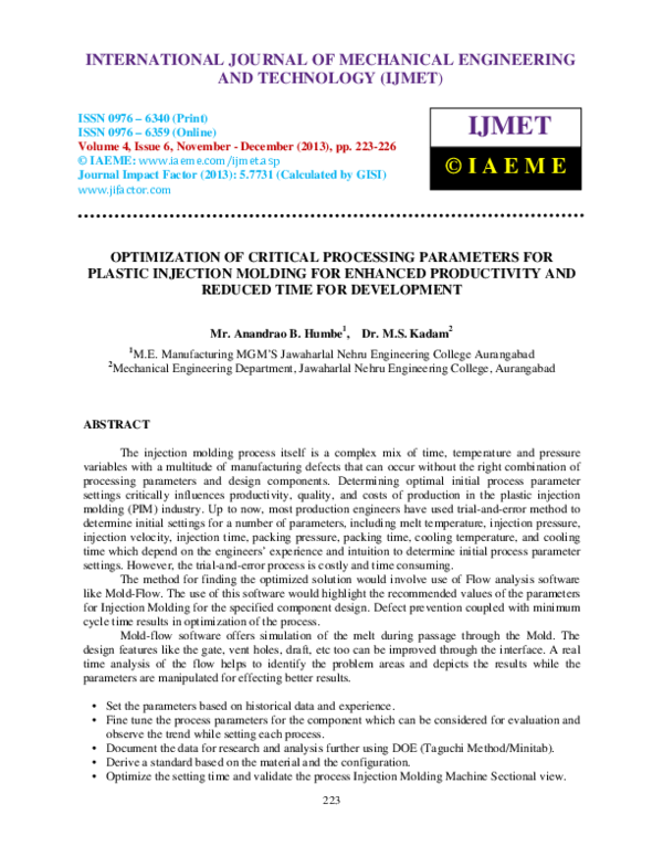 Pdf Optimization Of Critical Processing Parameters For Plastic