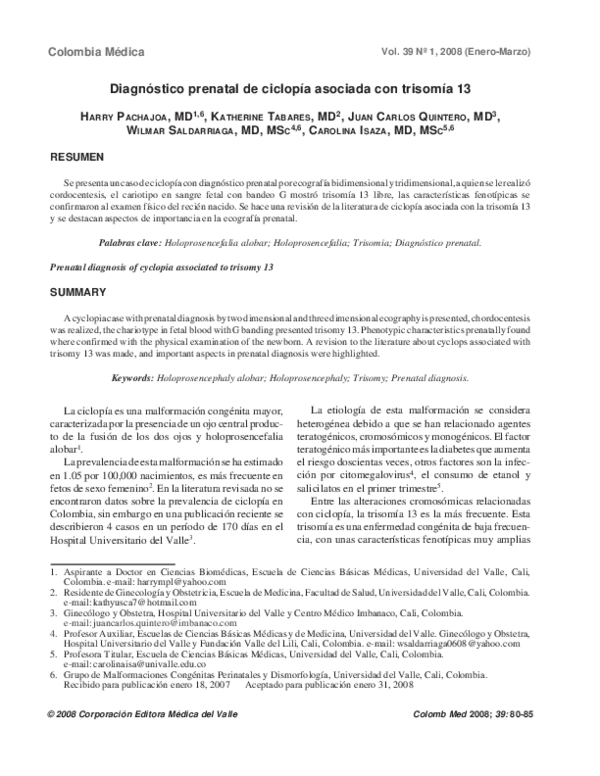 (PDF) DIAGNÓSTICO PRENATAL DE CICLOPÍA ASOCIADA CON TRISOMÍA 13 Colombia Médica, enero-marzo ...