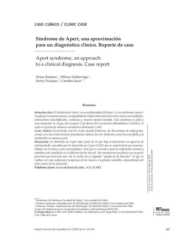(PDF) Apert syndrome, an approach to a clinical diagnosis. Case report | Wilmar Saldarriaga ...