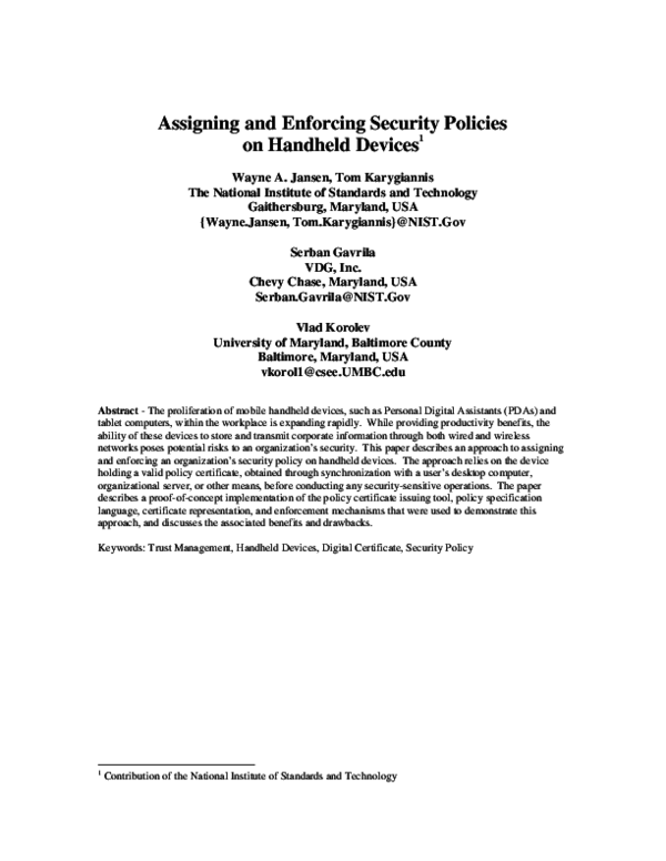 (PDF) Assigning and Enforcing Security Policies on Handheld Devices