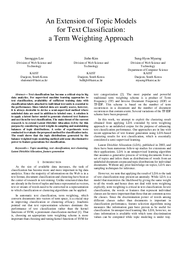 Pdf An Extension Of Topic Models For Text Classification A Term Weighting Approach