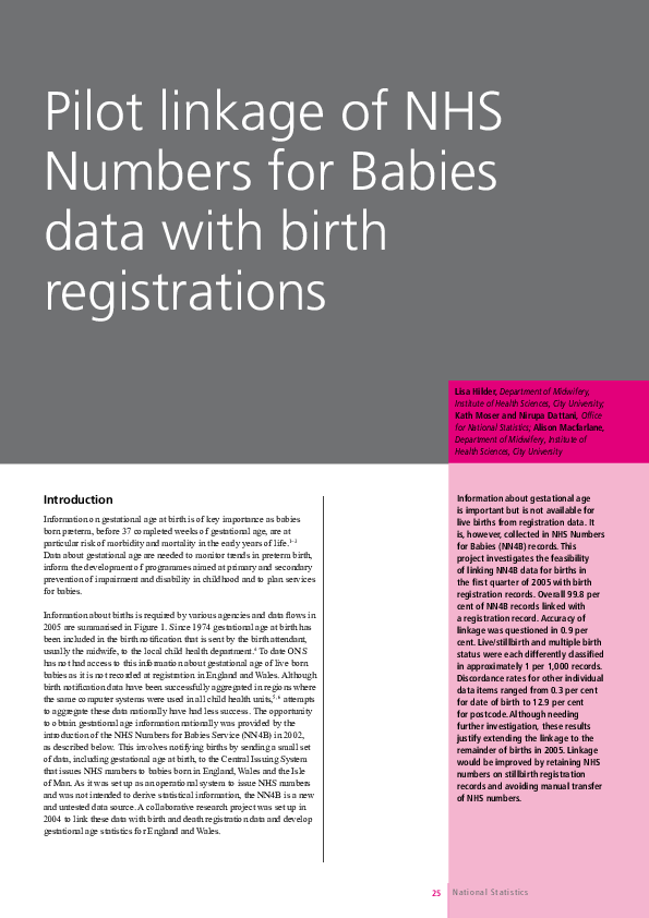 (PDF) Pilot linkage of NHS Numbers for Babies data with birth registrations