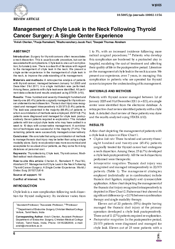(PDF) Management of Chyle Leak in the Neck Following Thyroid Cancer ...