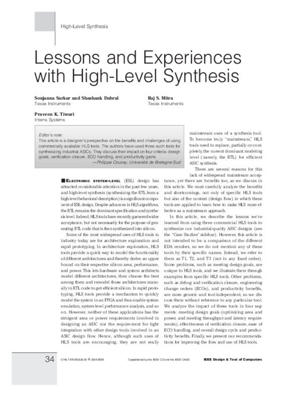 (PDF) Lessons and Experiences with High-Level Synthesis