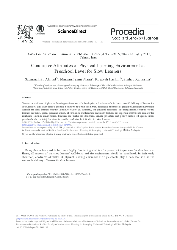 (PDF) Conducive Attributes of Physical Learning Environment at ...