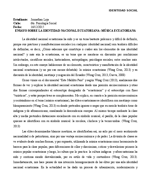 (DOC) ENSAYO SOBRE LA IDENTIDAD NACIONAL ECUATORIANA: MÚSICA ECUATORIANA