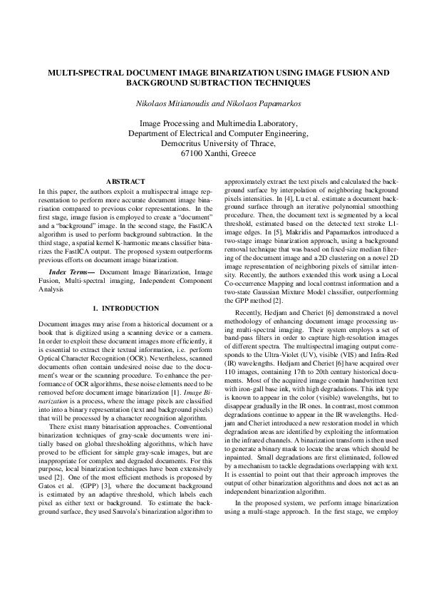 Pdf Multi Spectral Document Image Binarization Using Image Fusion And Background Subtraction