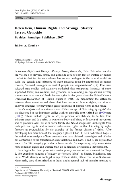 (PDF) Helen Fein, Human Rights and Wrongs: Slavery, Terror, Genocide
