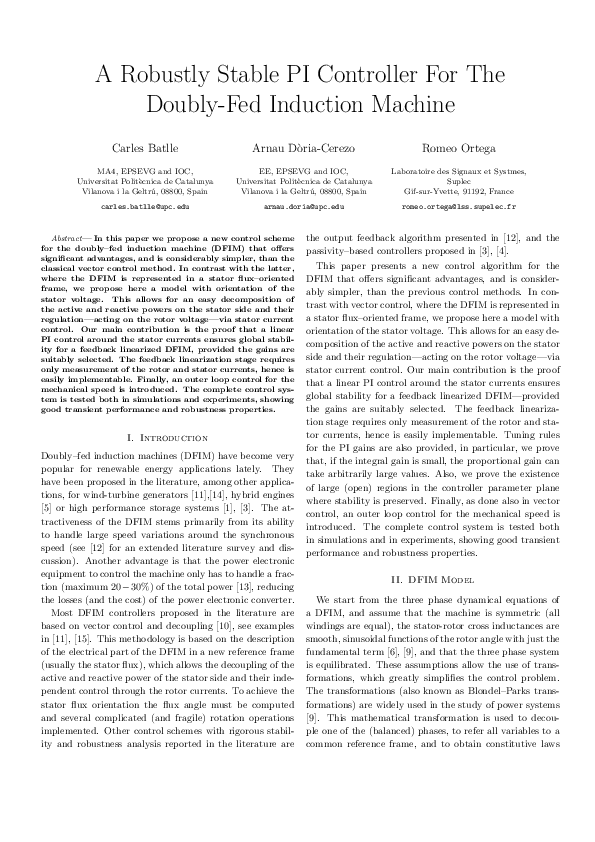 (PDF) A Robustly Stable PI Controller For The Doubly-Fed Induction Machine