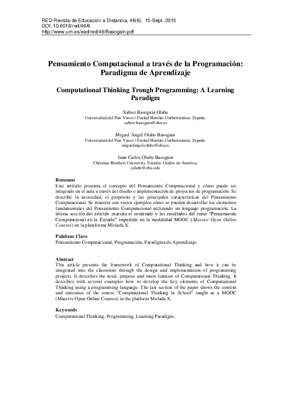 (PDF) Pensamiento Computacional a través de la Programación: Paradigma de Aprendizaje ...