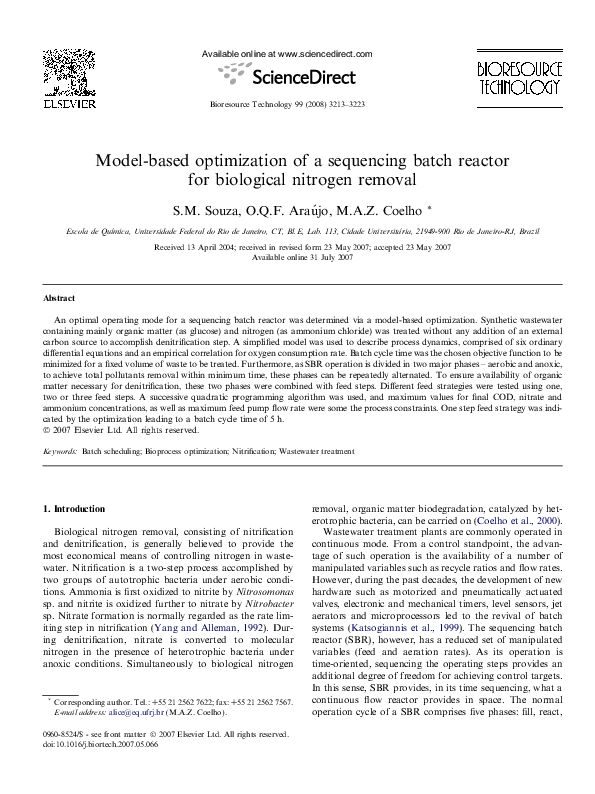 (PDF) Model-based optimization of a sequencing batch reactor for biological nitrogen removal