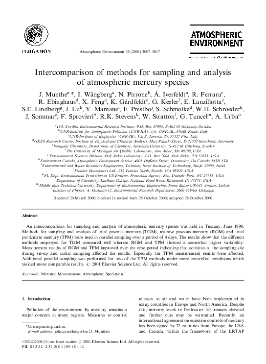 (PDF) Intercomparison of methods for sampling and analysis of atmospheric mercury species