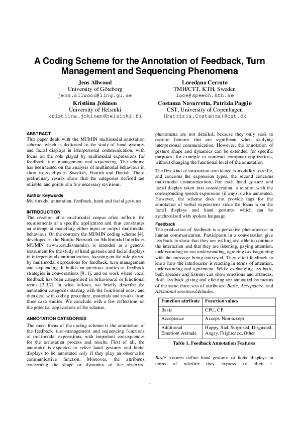 (PDF) The MUMIN coding scheme for the annotation of feedback, turn management and sequencing ...