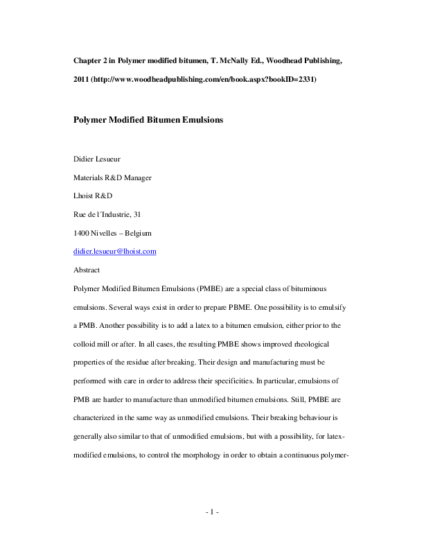 (PDF) Polymer modified bitumen emulsions (PMBEs)