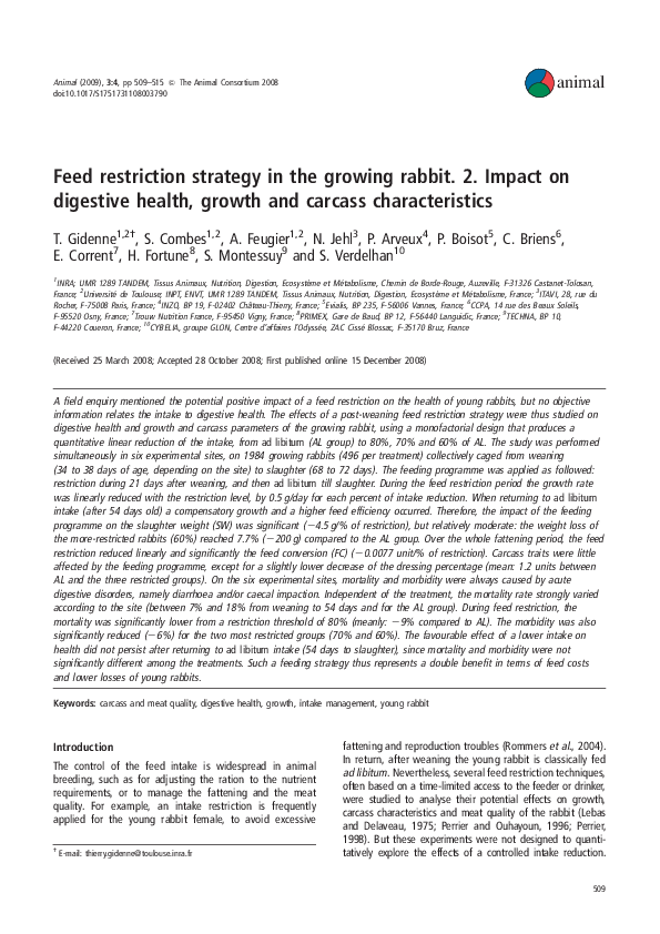 (PDF) Feed restriction strategy in the growing rabbit. 2. Impact on ...