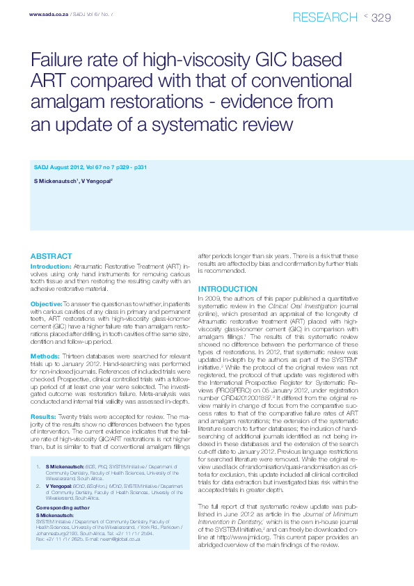 (PDF) Failure rate of high-viscosity GIC based ART compared with that ...