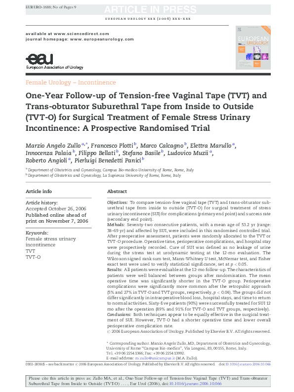 (PDF) One-Year Follow-up of Tension-free Vaginal Tape (TVT) and Trans ...