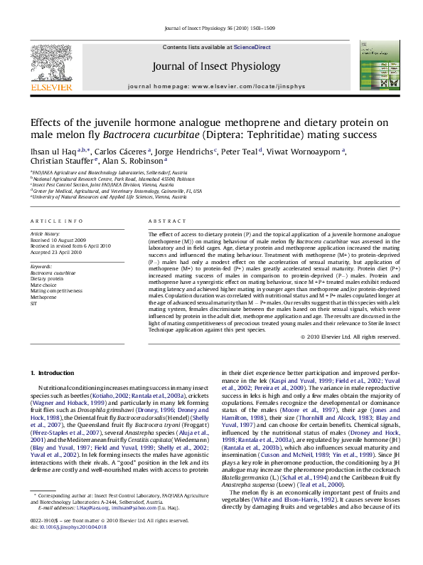 (PDF) Effects of the juvenile hormone analogue methoprene and dietary ...