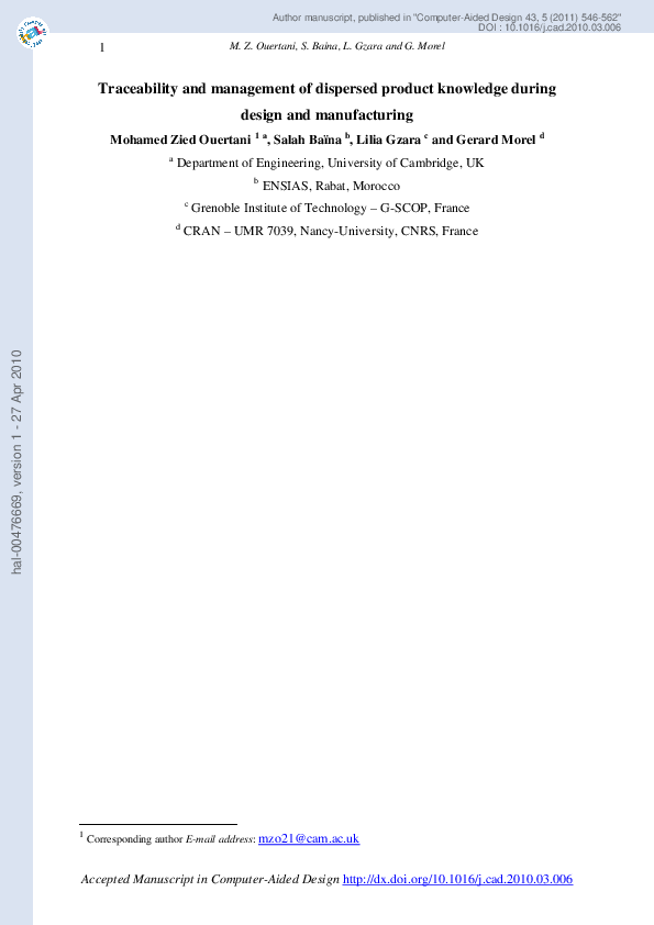 (PDF) Traceability and management of dispersed product knowledge during design and manufacturing