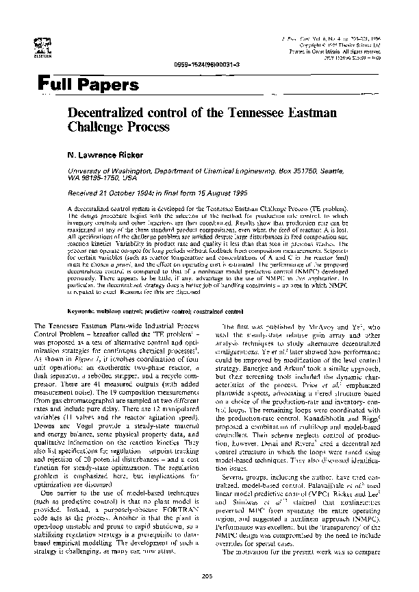 (PDF) Decentralized control of the Tennessee Eastman Challenge Process