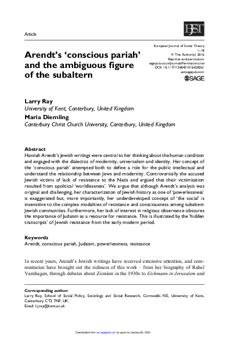 (PDF) Arendt's 'conscious pariah' and the ambiguous figure of the subaltern