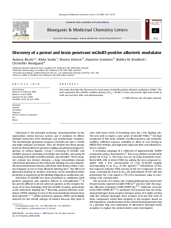 (PDF) Discovery of a potent and brain penetrant mGluR5 positive allosteric modulator
