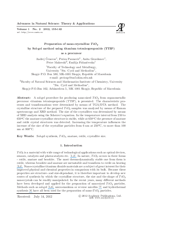 Pdf Preparation Of Nano Crystalline Tio2 By Sol Gel Method Using Titanium Tetraisopropoxide Ttip