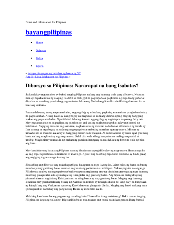 (DOC) Diborsyo sa Pilipinas: Nararapat na bang Isabatas