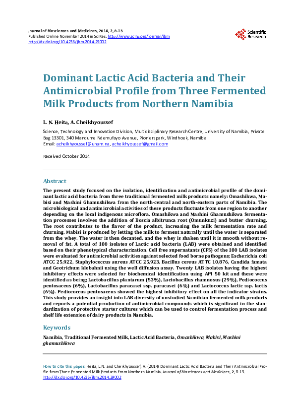 (PDF) Dominant Lactic Acid Bacteria and Their Antimicrobial Profile from Three Fermented Milk ...